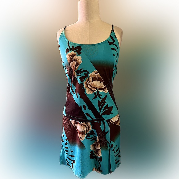 Swim | Vintage Two Piece Skirted Tankini Swimsuit Teal And Brown Size ...